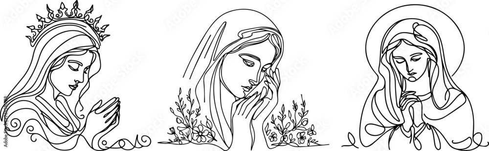 Our Lady one line drawing vector illustration silhouette for laser ...