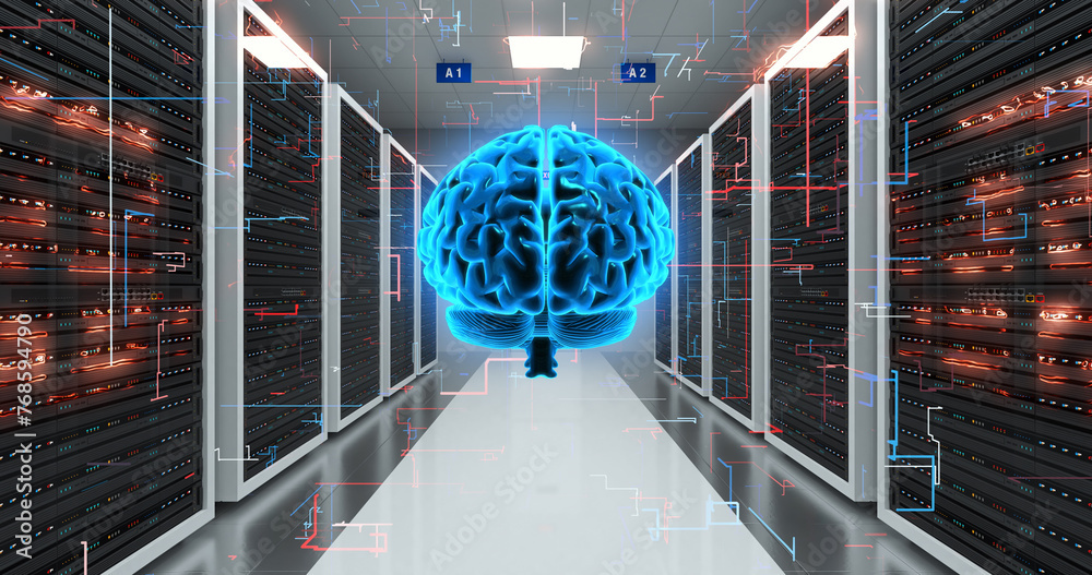Human brain symbolizing artificial intelligence. Rack servers in data ...
