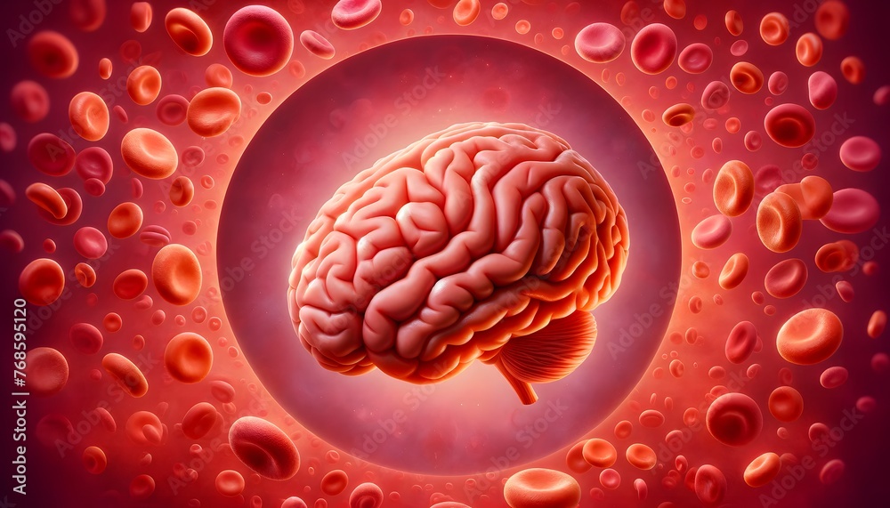 a human brain surrounded by a multitude of red blood cells ...
