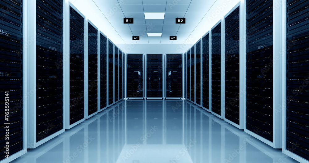Server room in modern data center. Cloud computing. Server racks of ...