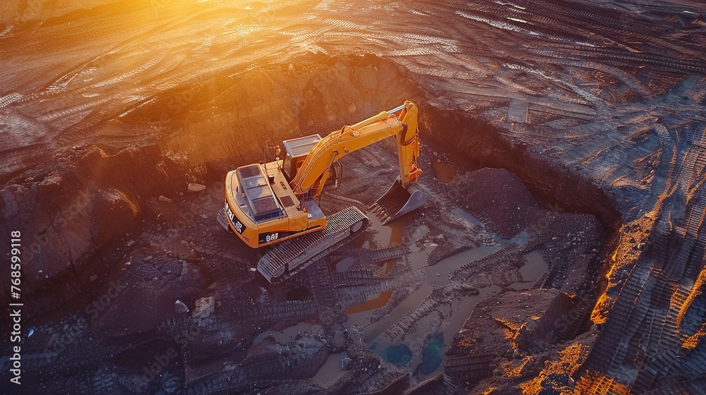 Working Excavator on Site with Beautiful Sunset. Loading, Field, Dig, Sunrise, Sun, Tractor ...