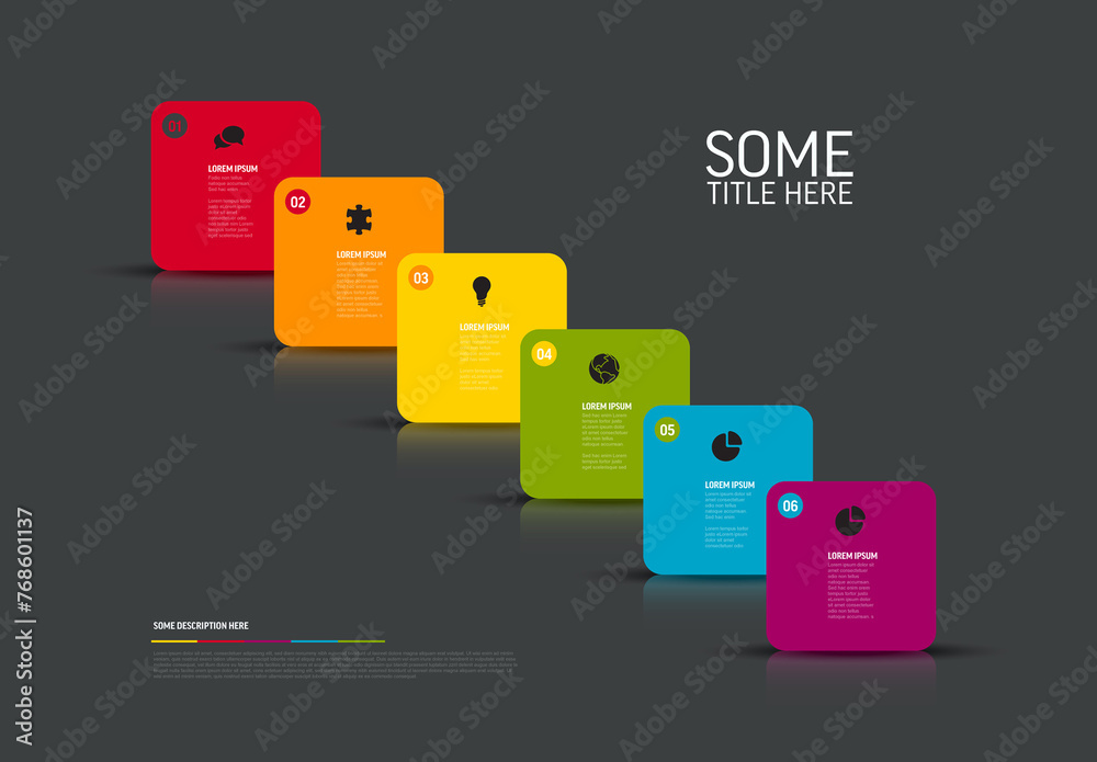 Dark infographic template with six rounded diagonal color square block ...