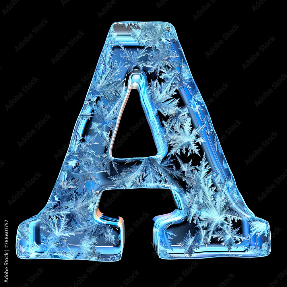 Icy letter "A" glows with a cool blue hue, detailed with realistic ...