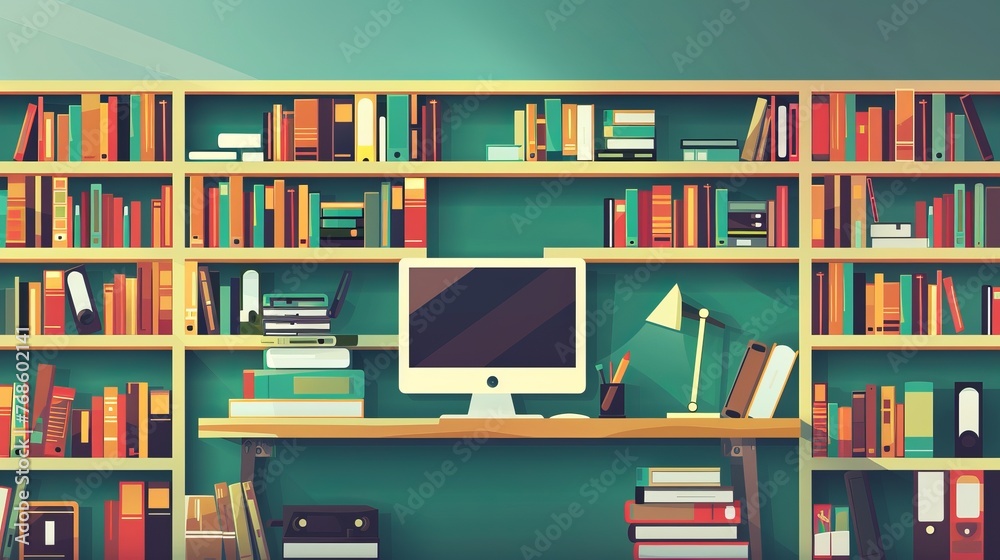 Digital libraries and online bookstores are envisioned in a flat design ...