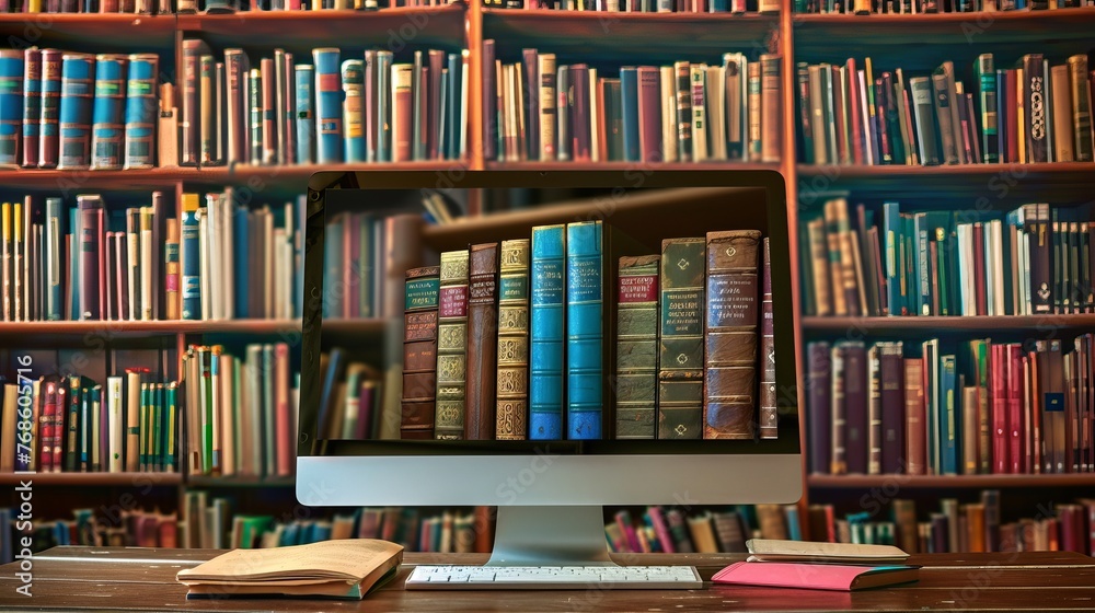 Inside a computer, a digital library houses a vast collection of books ...