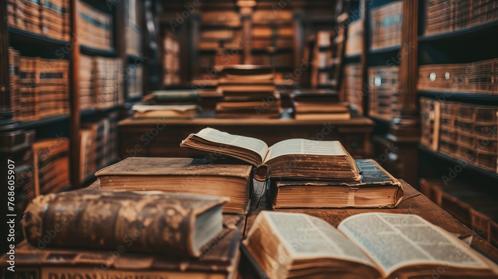 Old, open books rest on a wooden desk in a venerable library setting ...
