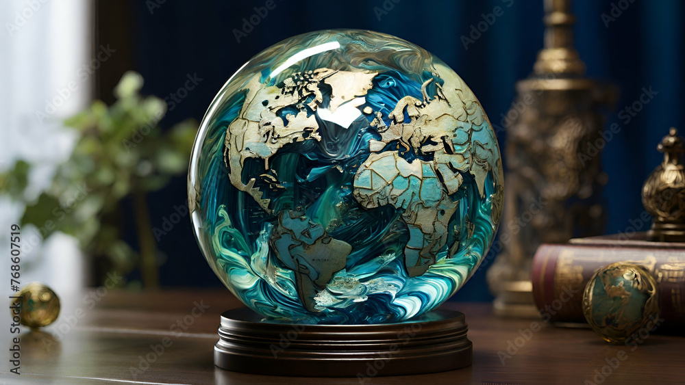 world map encased in a glass ball, the intricate lines and colors of ...