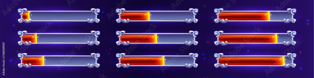 Progress bar loading steps with flourish decorated metal frame with red ...