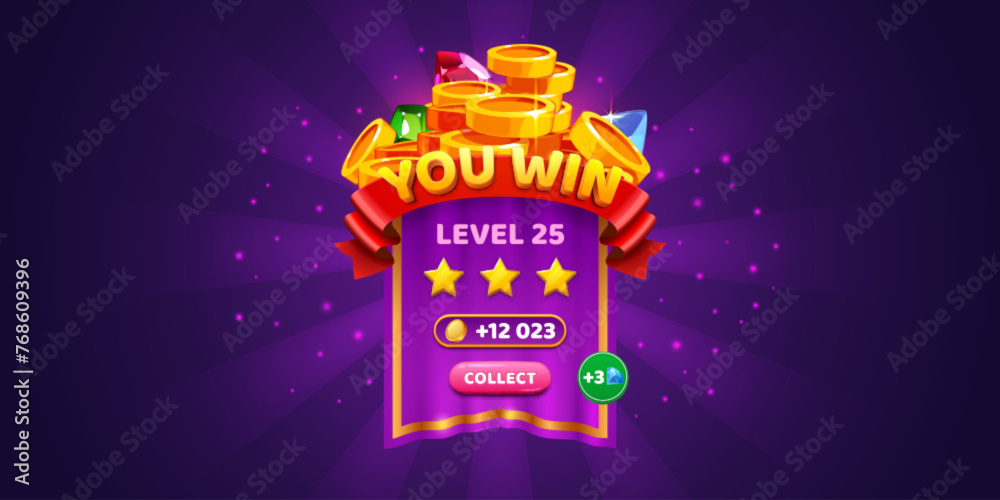 Ui game or level win popup button banner. Winner badge design for ...