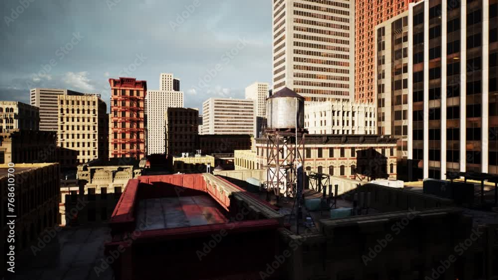 The sun setting over a city skyline, showing the tops of tall buildings ...