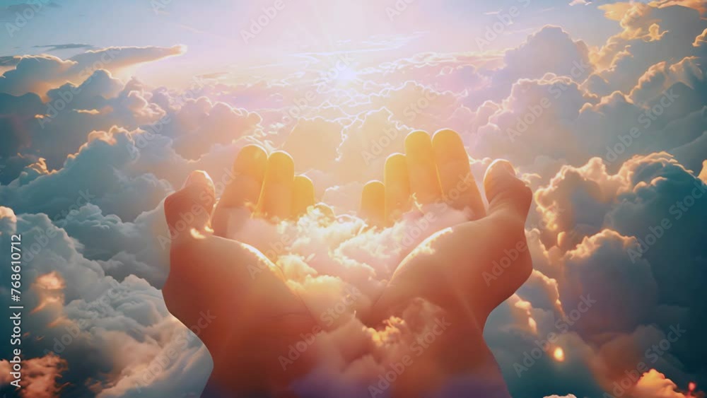 Hands of god or Jesus Christ in the clouds. Human hands open palm up ...