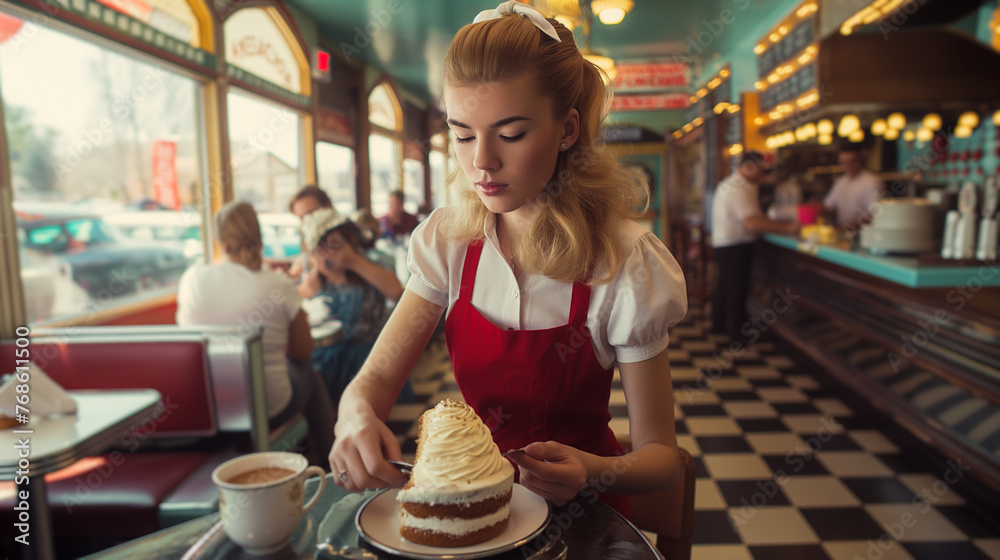 Inside a 1950s Americana diner, a waitress in uniform serves cake ...