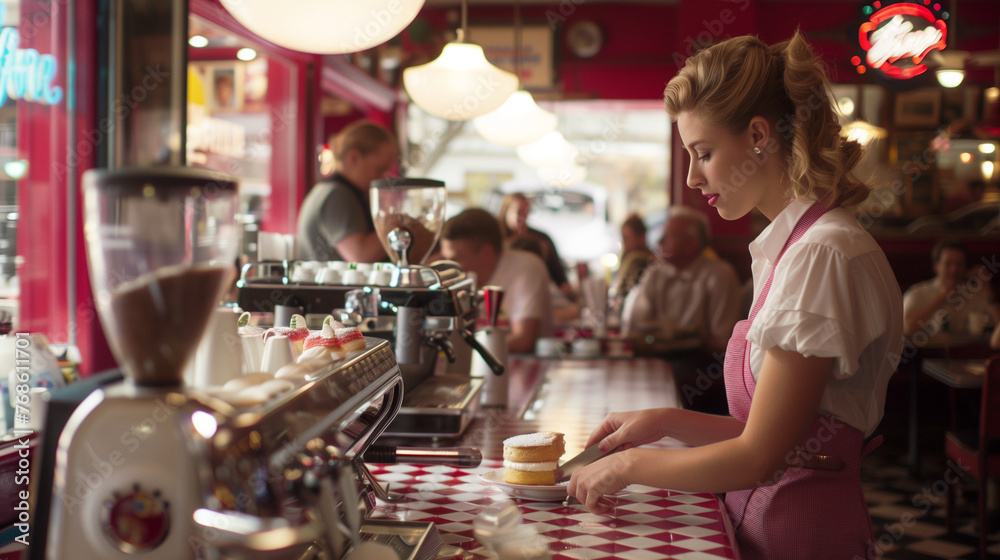 Inside a 1950s Americana diner, a waitress in uniform serves cake ...