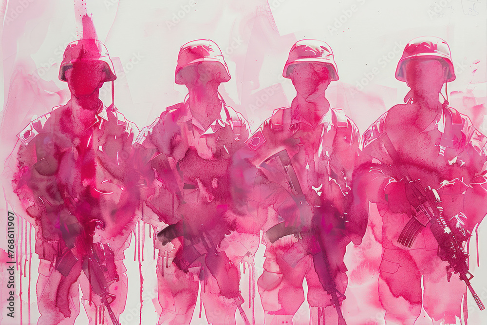 Pink watercolor painting of a group of soldiers in combat equipment ...