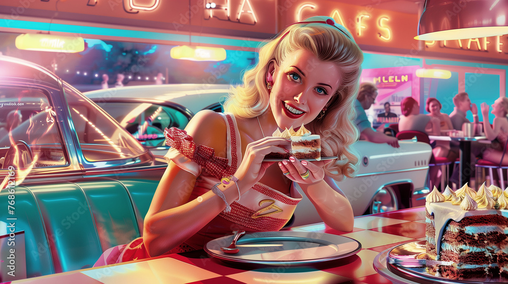 Inside A 1950s Americana Diner A Waitress In Uniform Serves Cake
