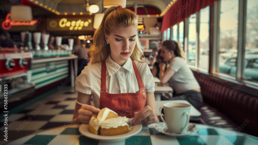 Inside a 1950s Americana diner, a waitress in uniform serves cake ...