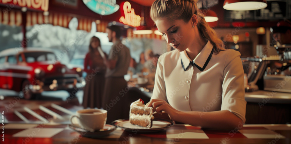 Inside a 1950s Americana diner, a waitress in uniform serves cake ...