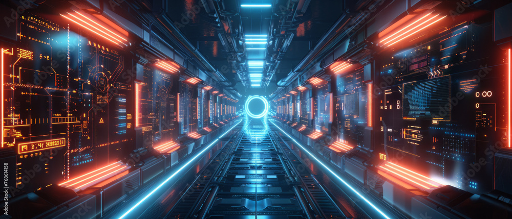 Futuristic server room with advanced glowing blue neon lights ...