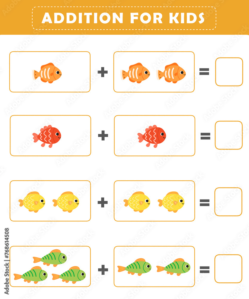 Preschool addition worksheet with cute fish illustration. Math ...