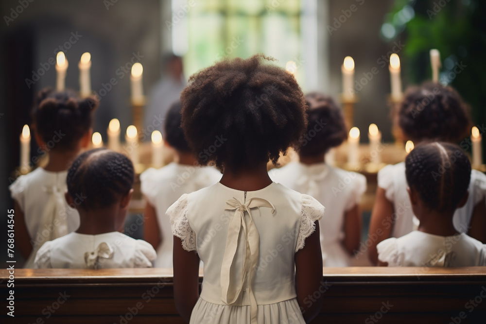 Crowd of black girls dressed formally gathered near the church altar ...