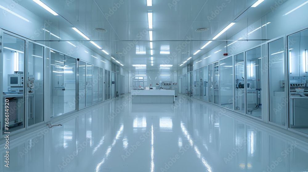 Modern, clean laboratory interior with glass partitions, white surfaces ...