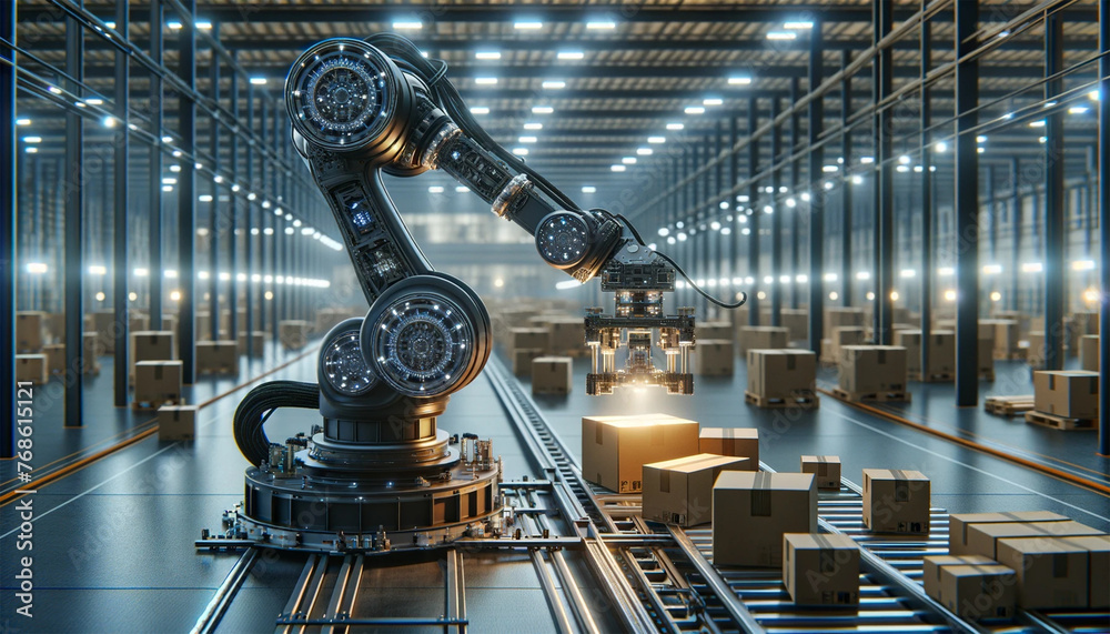 A modern robotic arm performing the painstaking work of stacking boxes ...