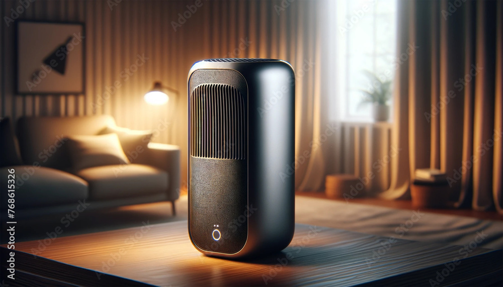 Modern portable air purifier standing in a prominent place on a wooden ...