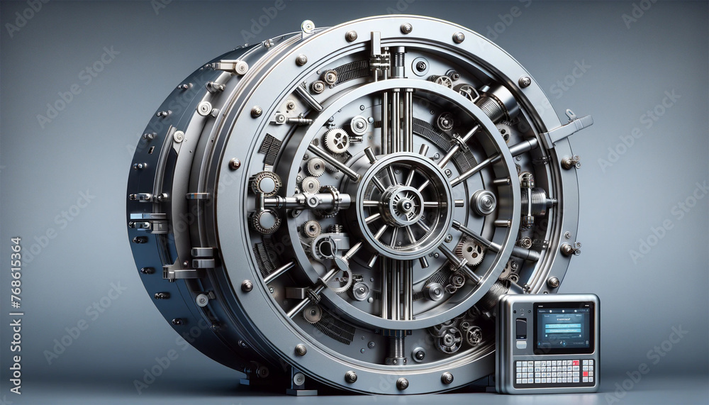 A round vault door in a bank, showing its complex design. The door is ...