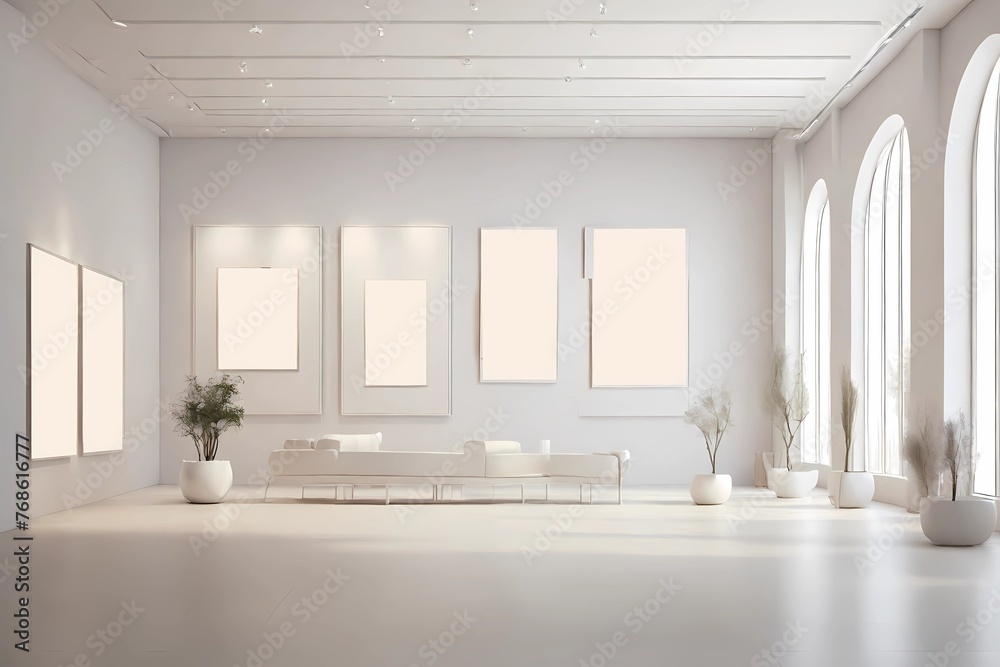 Explore the essence of modern minimalism in our art gallery interior. Clean lines, empty frames ...