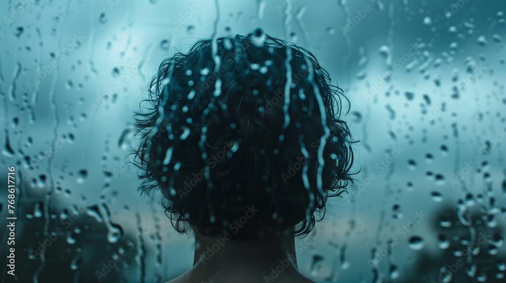 The back view of a person gazing out, as the window pane is adorned ...