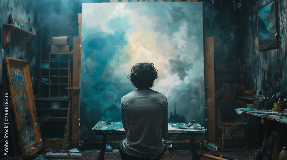 Rear view of an artist staring at a blank canvas, the weight of ...
