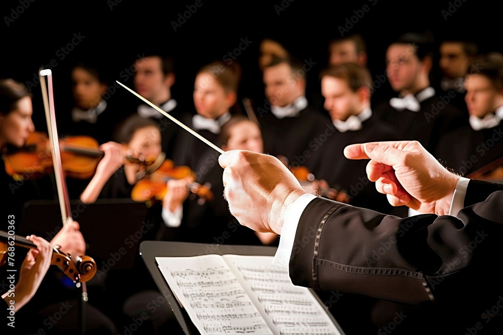 Orchestra conductor's hands pointing out the next note on their baton ...