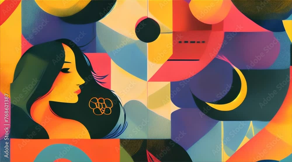 A complex composition of abstract geometric faces intertwined with ...