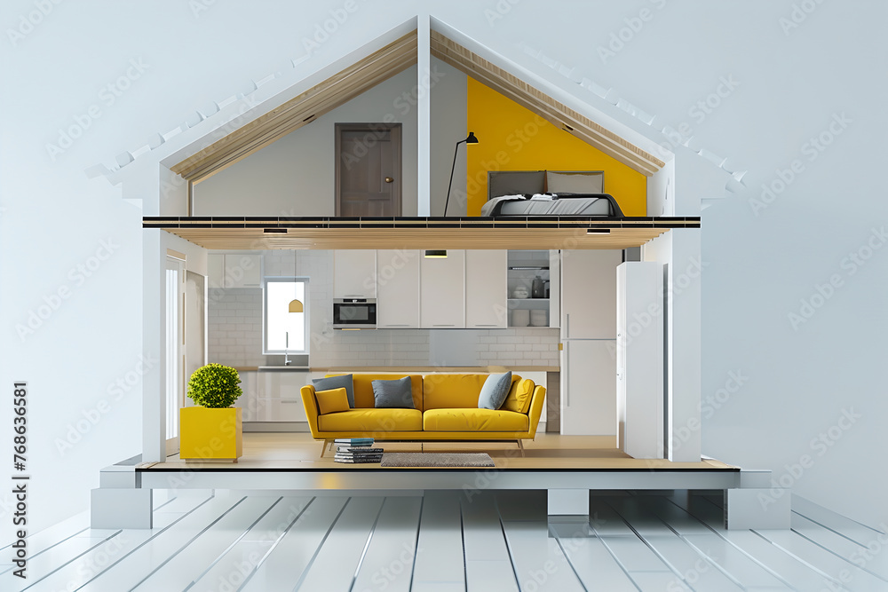 Miniature model of house in section with interior rooms, building ...