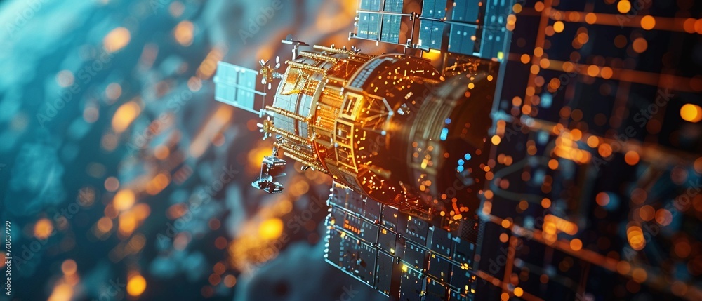 Detailed view of a telecommunications satellite model, highlighting the ...