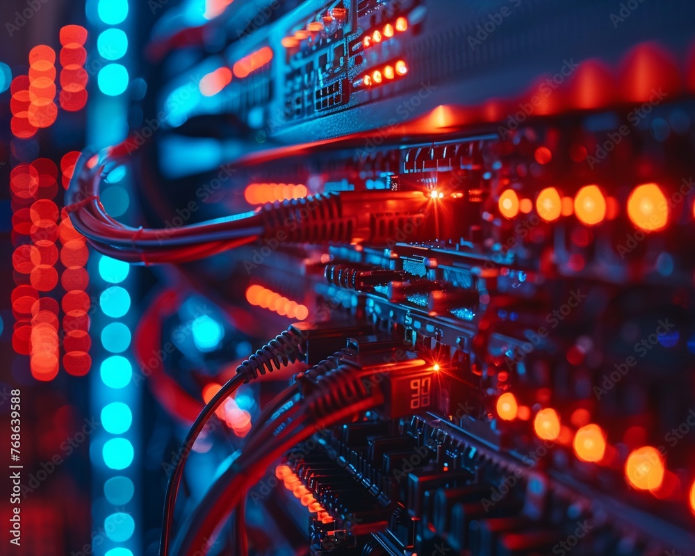 Macro shot of a server rack in a data center, focusing on the network ...
