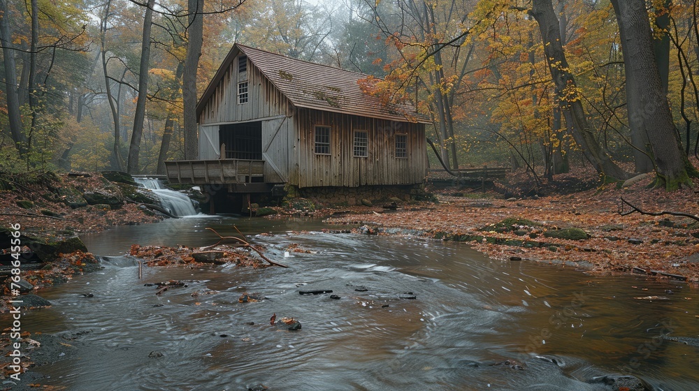 The water sawmill is made up of a shed built on the creek. The stream ...