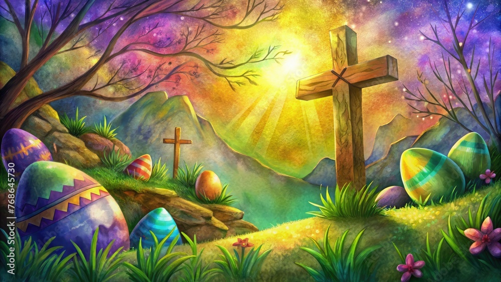 Colorful Easter scene with a cross and eggs - A vibrant illustration ...