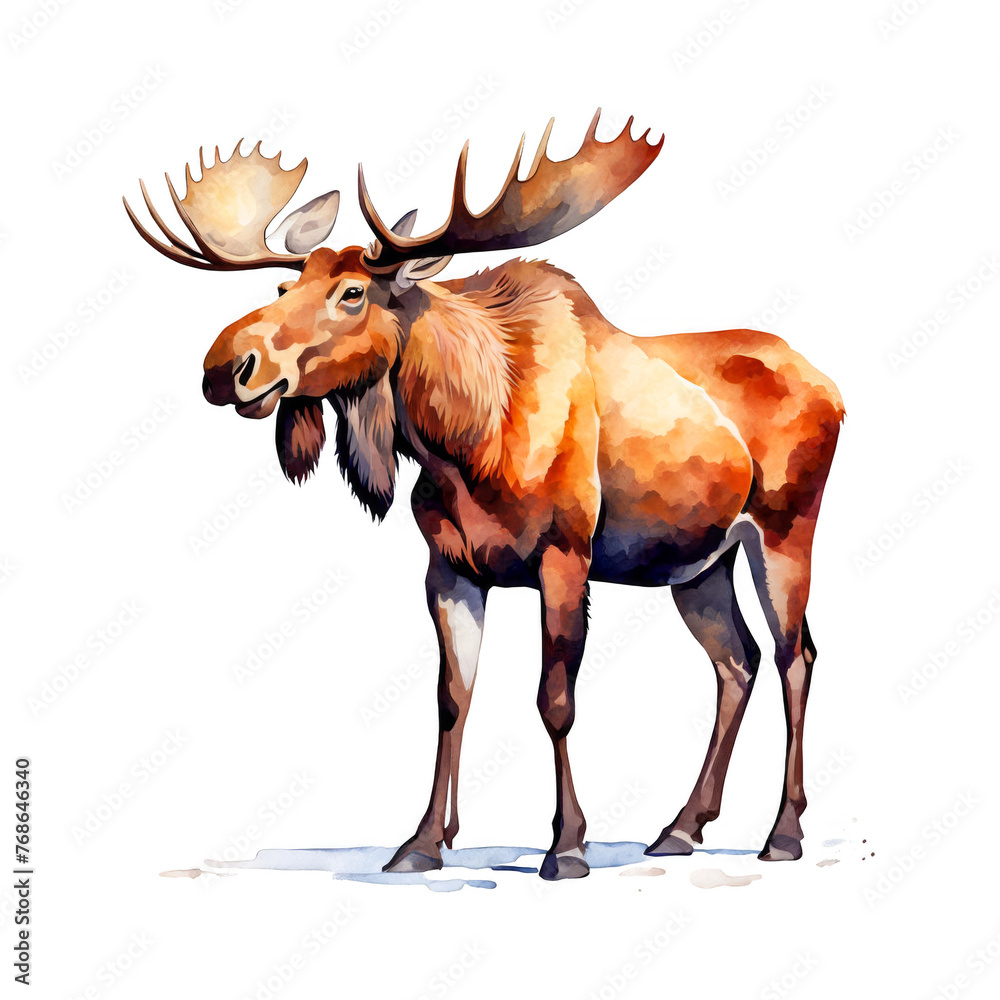 A brown moose side view, watercolor illustration, side view, wild ...