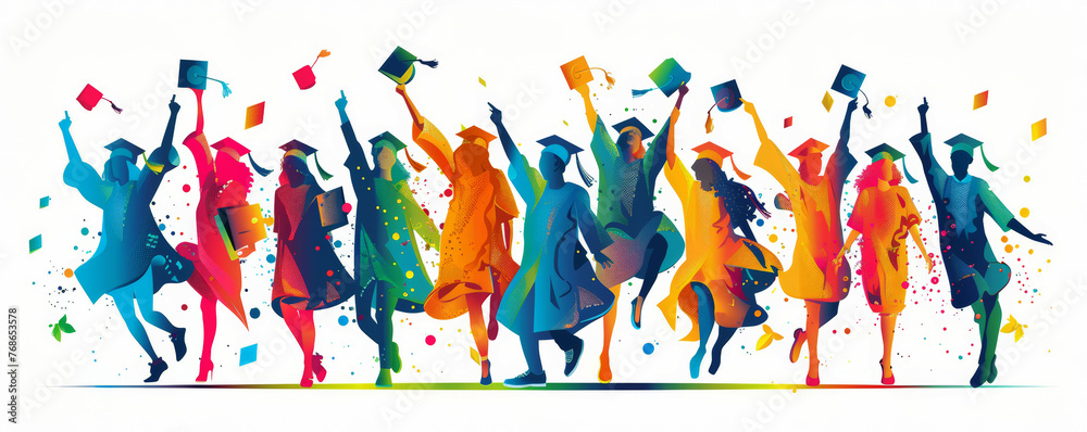 Colorful silhouettes of exuberant graduates tossing their caps against ...