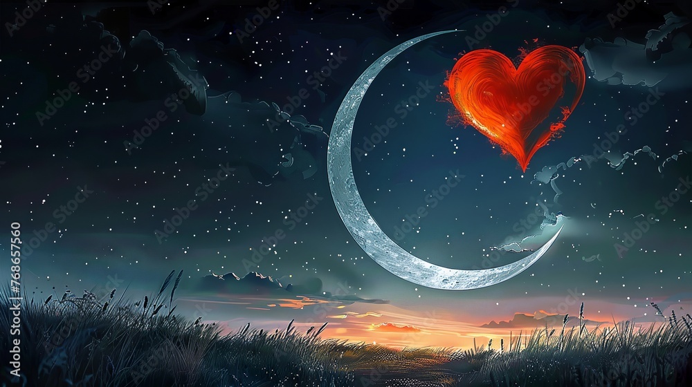 drawing illustration. a magical landscape of a next to the crescent ...