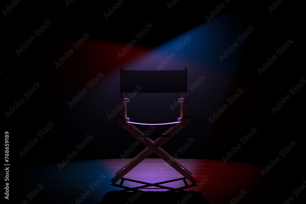 Cinema Industry Concept. Back of Director Chair in Spotlight Lights. 3d ...