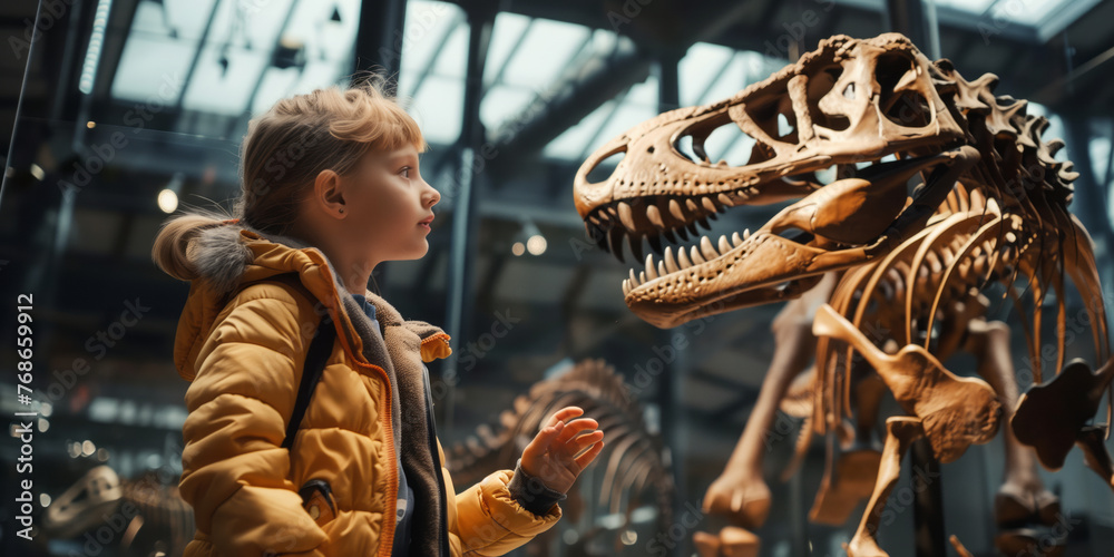 Child looking at the skeleton of an ancient dinosaur in the museum of ...