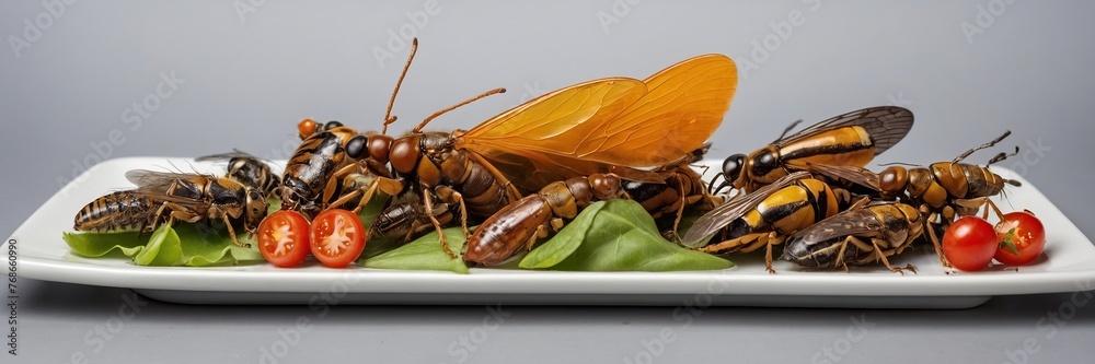 Insects, beetles and larvae as food on served plates. Concept Hunger ...