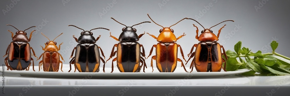 Insects, beetles and larvae as food on served plates. Concept Hunger ...