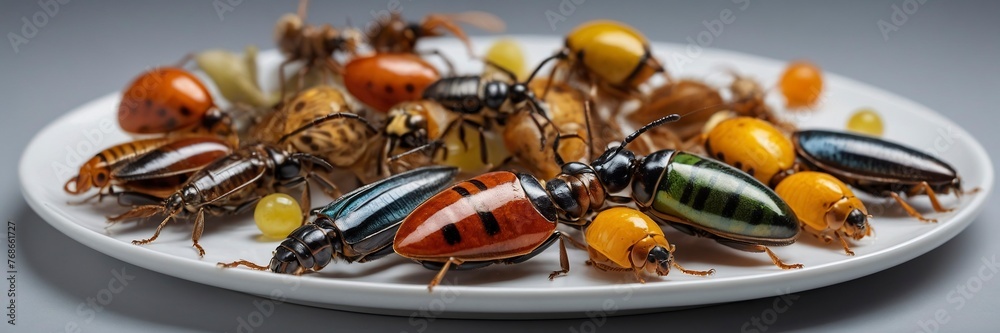 Insects, beetles and larvae as food on served plates. Concept Hunger ...