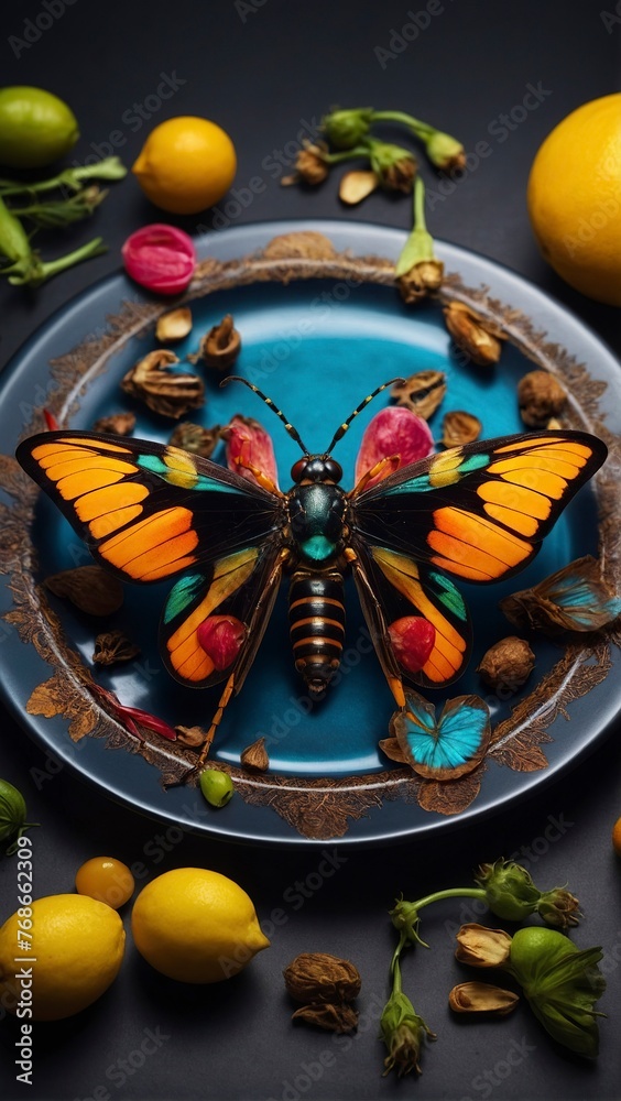 Insects, beetles and larvae as food on served plates. Concept Hunger ...