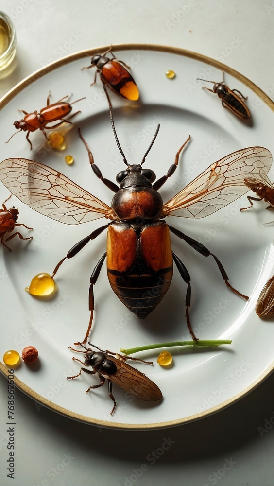 Insects, beetles and larvae as food on served plates. Concept Hunger ...