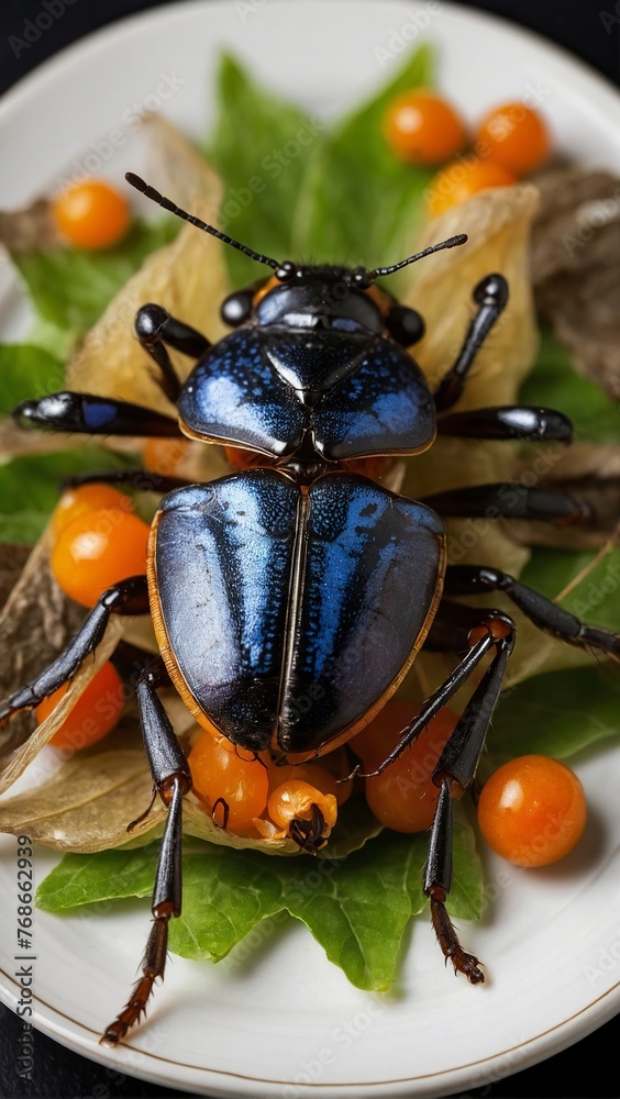 Insects, beetles and larvae as food on served plates. Concept Hunger ...