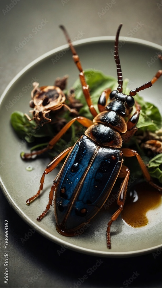 Insects, beetles and larvae as food on served plates. Concept Hunger ...
